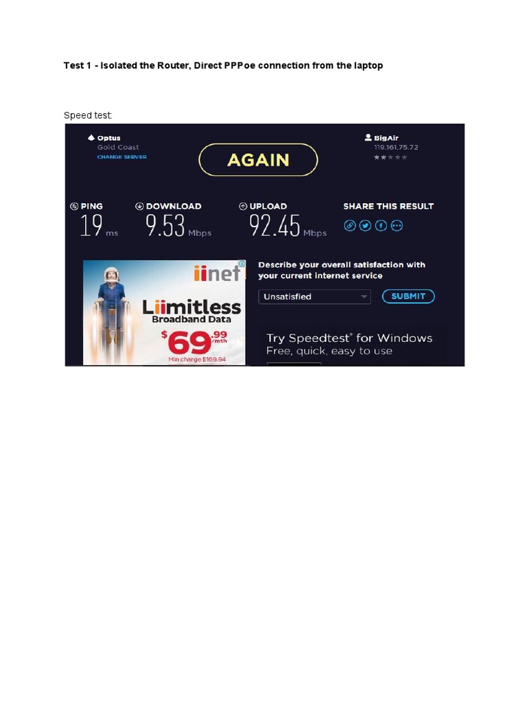 Speed Test:: Test 1 - Isolated The Router, Direct Pppoe Connection From ...