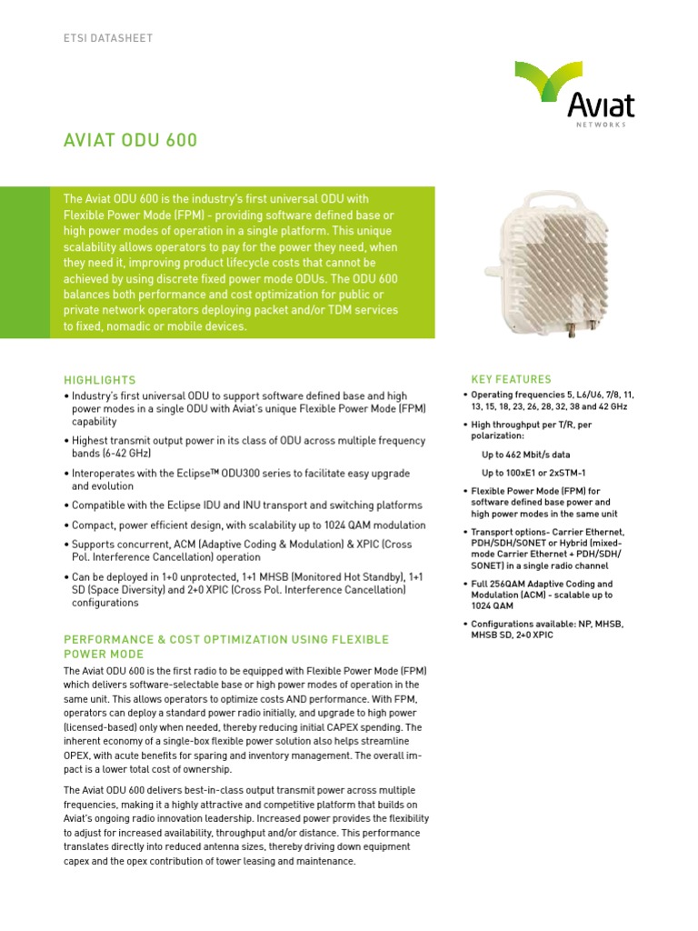 Aviat ODU 600 Datasheet | Telecommunications Engineering | Radio Technology