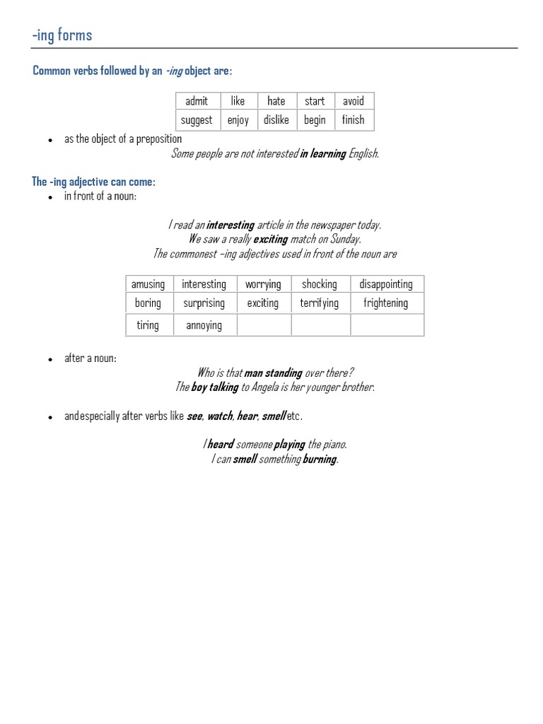 Ing Forms: Common Verbs Followed by An | PDF