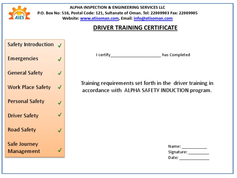 Driver Training Certification Document | PDF | Business | Finance ...