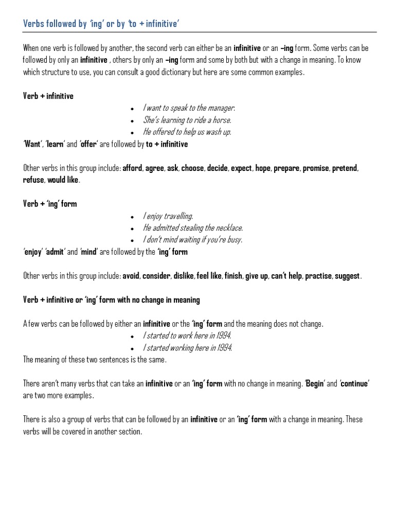 Verbs Followed by Ing' or by To + Infinitive' | PDF | Verb | Languages