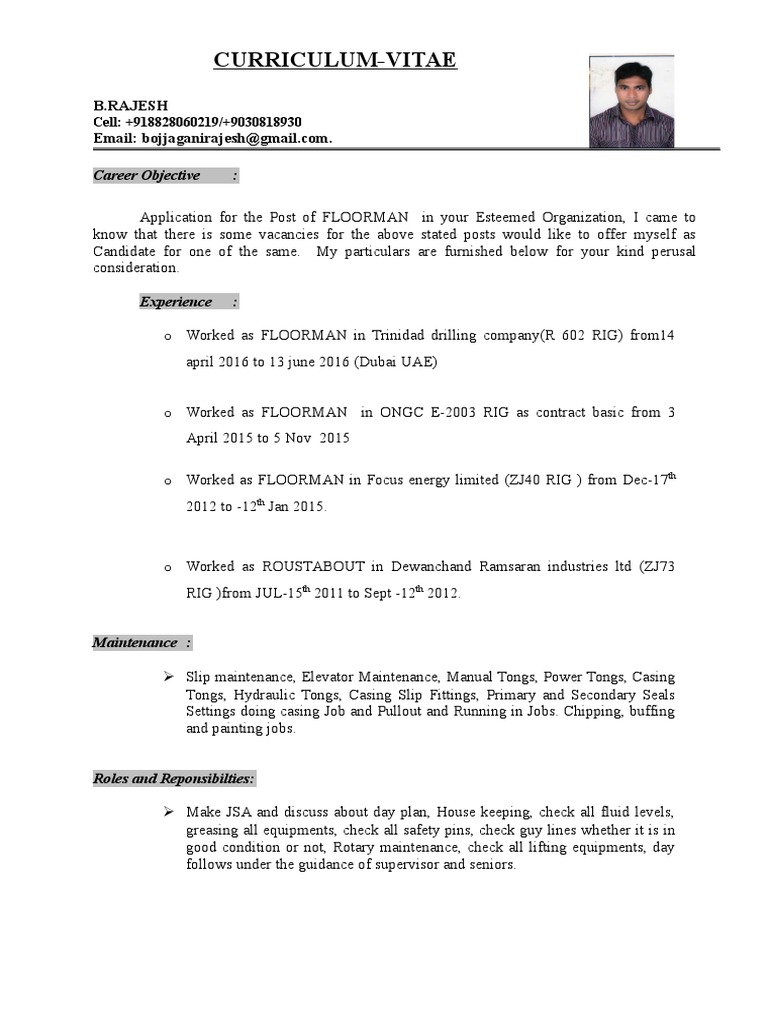 CV For The Post of Floorman in Onshore /offshore Rigs | PDF | Computing ...