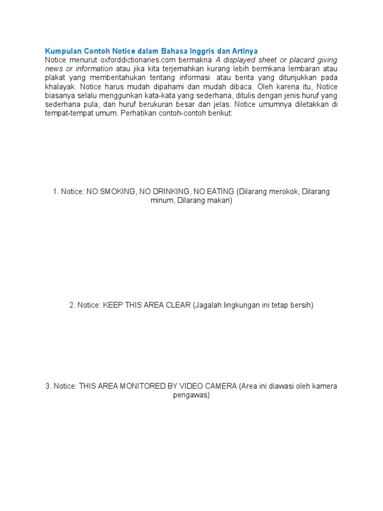 Kumpulan Contoh Notice Dalam Bahasa Inggris Dan Artinya | PDF