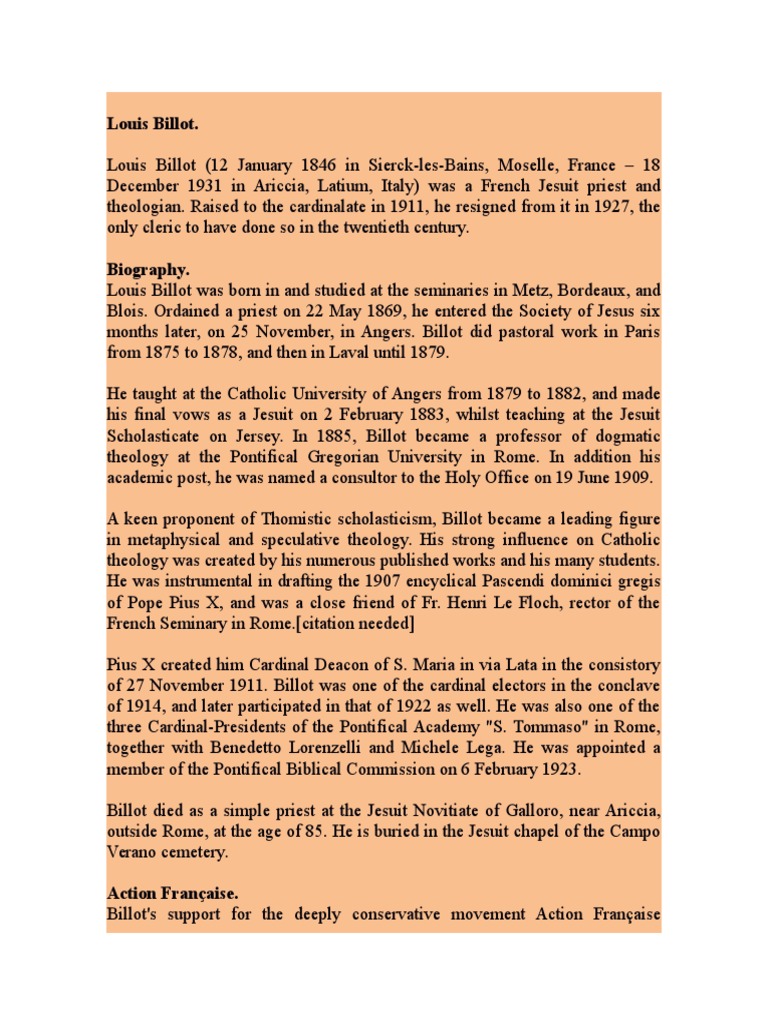 Louis Billot (1846.1931) | PDF | Ecclesiastical Titles | Roman Catholic ...