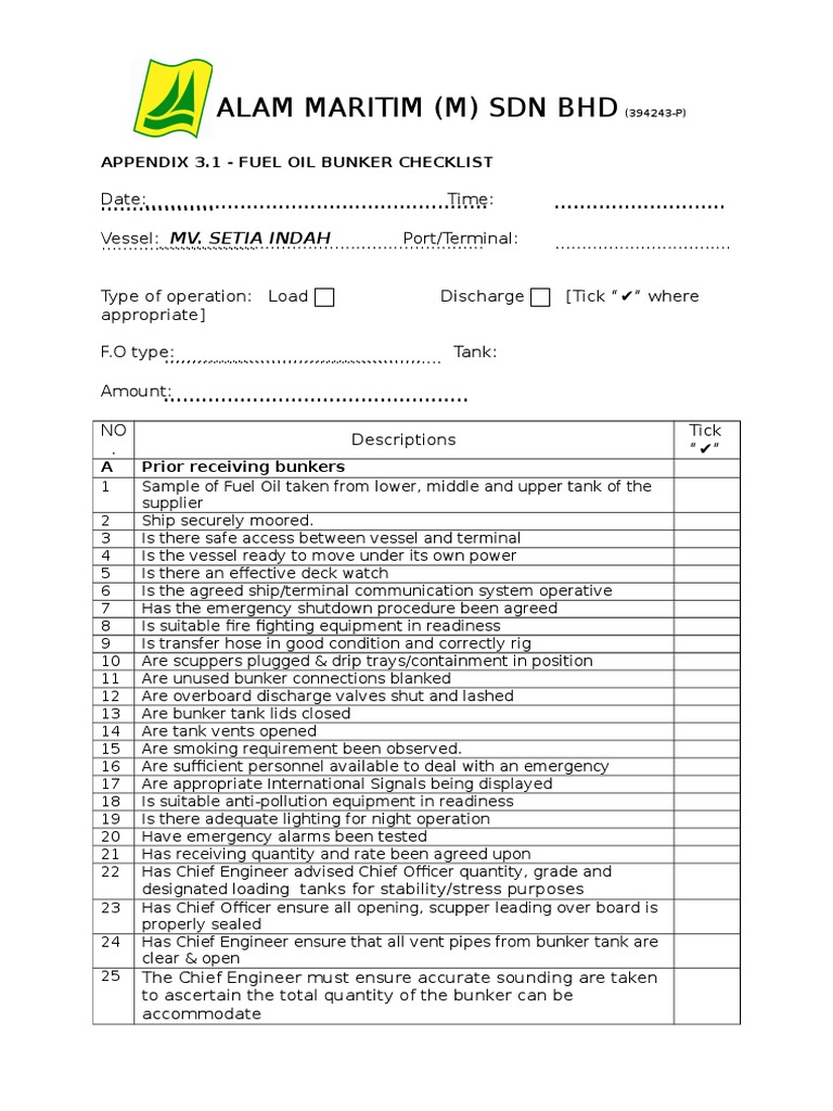 FO BUNKER CHECKLIST.docx | Fuel Oil | Ships