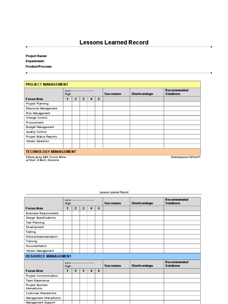 Lessons Learned Record | PDF