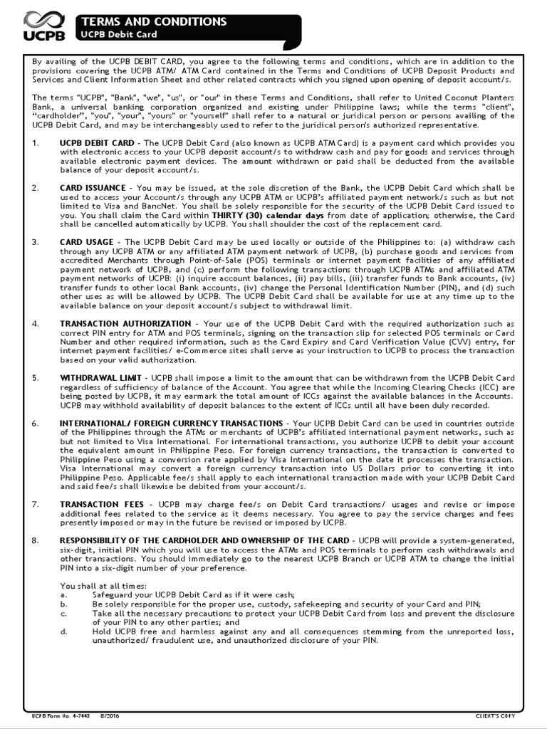 Terms and Conditions - UCPB Debit Card | PDF | Debit Card | Automated ...