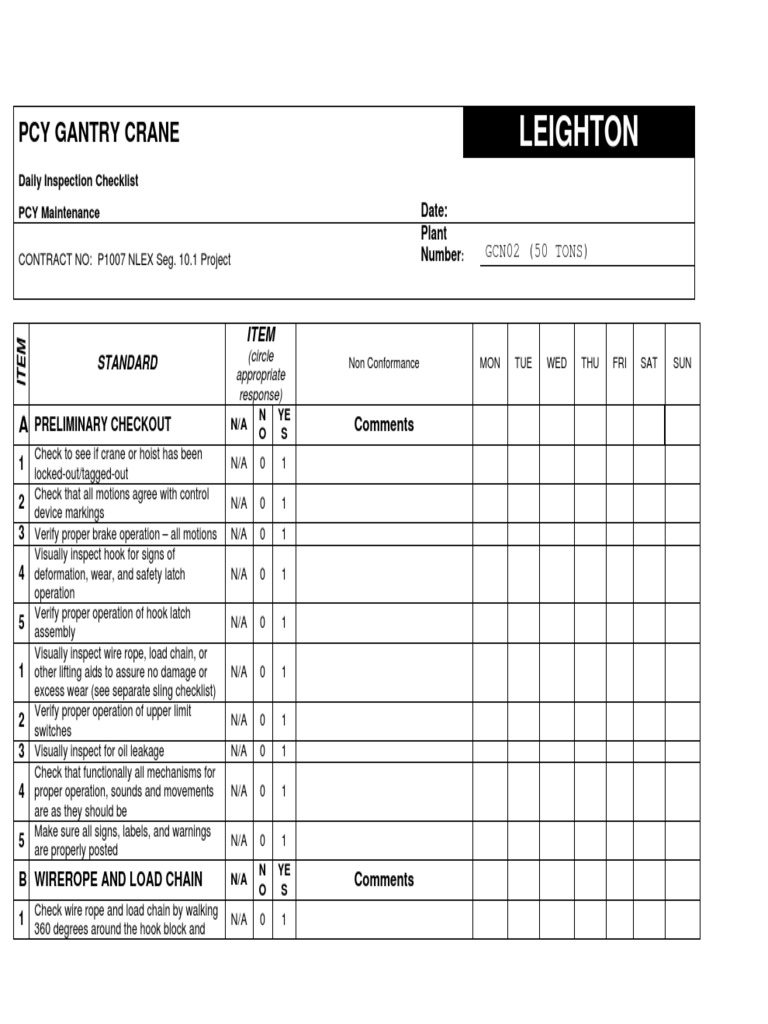 Inspection Checklist NGS12_GCN02 | Crane (Machine) | Manufactured Goods