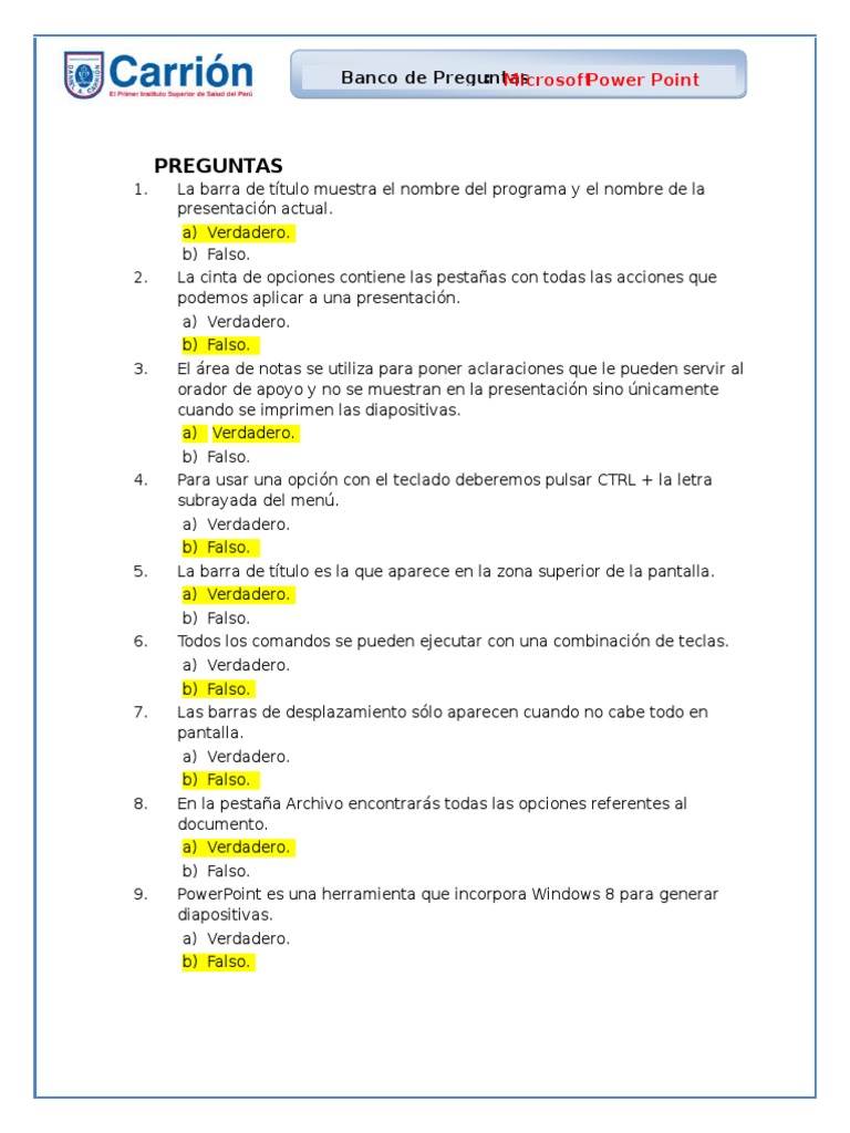 Banco de Preguntas Power Point 1 2124 0 | Microsoft PowerPoint | Point and Click | Prueba ...