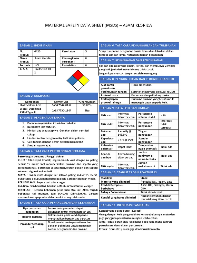 MATERIAL SAFETY DATA SHEET (MSDS) – ASAM KLORIDA | PDF