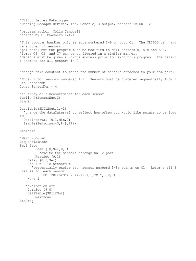 Example SDI12 Program - Generic Multisensor - cr1 | PDF