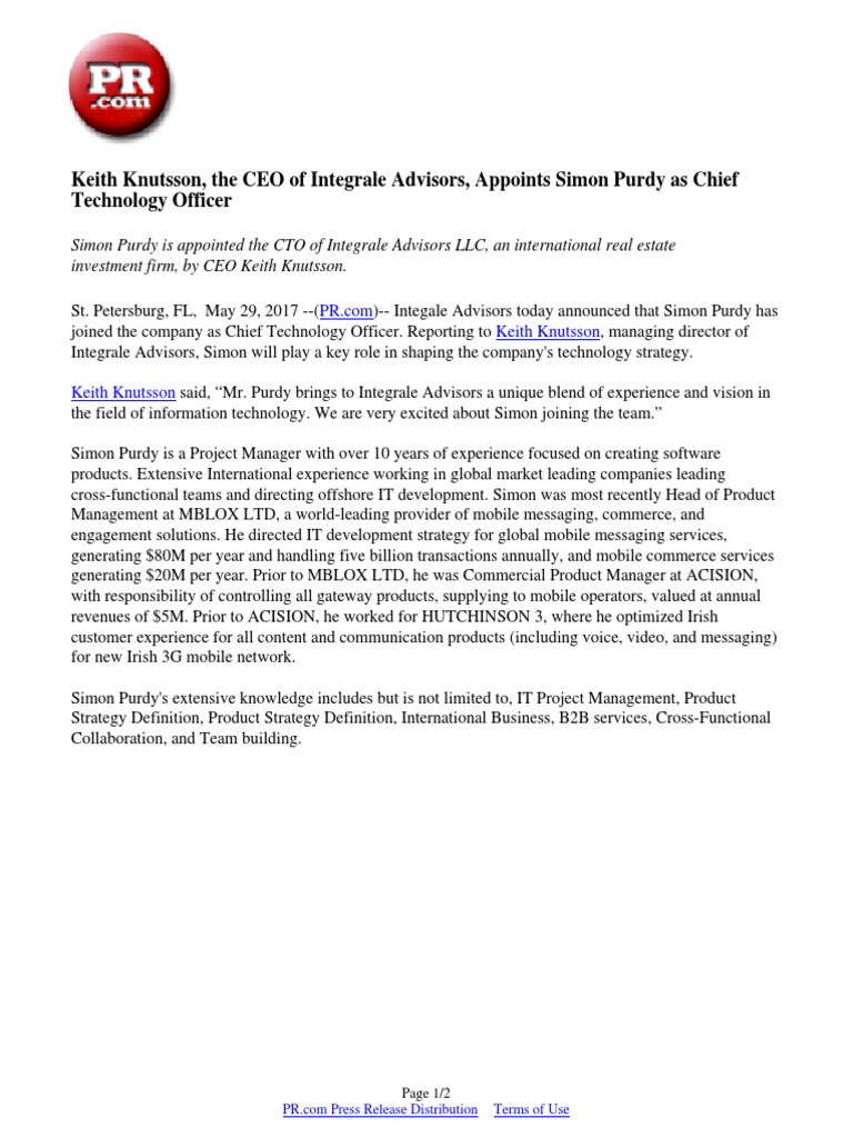 Keith Knutsson, The CEO of Integrale Advisors, Appoints Simon Purdy As ...