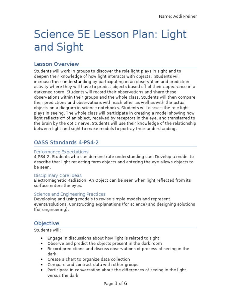 Science 5e Lesson Plan Akf | PDF | Visual Perception | Eye