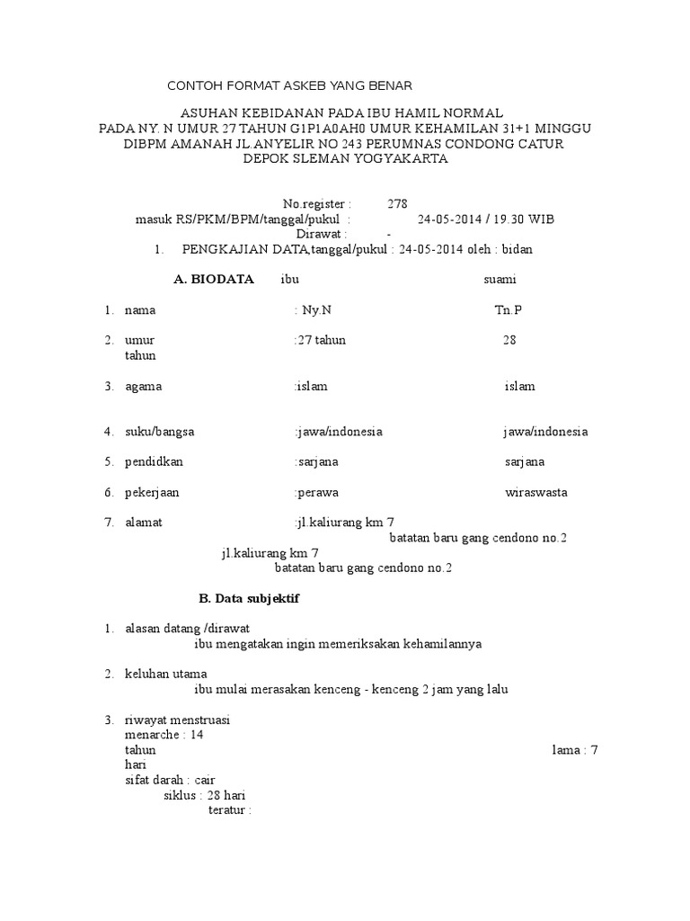 Contoh Format Askeb Yang Benar | PDF | Kesehatan Holistik