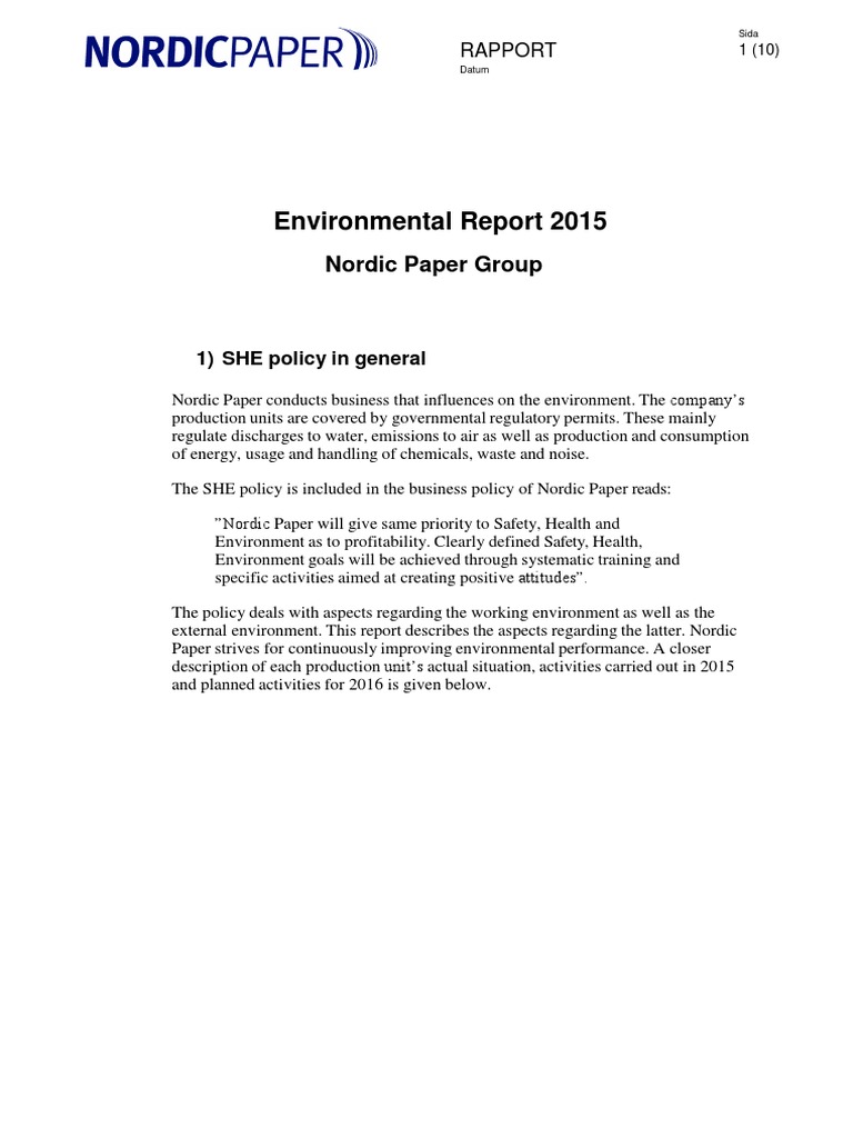 Nordic Paper Group Environmental Report 2015 | PDF | Paper | Industrial ...