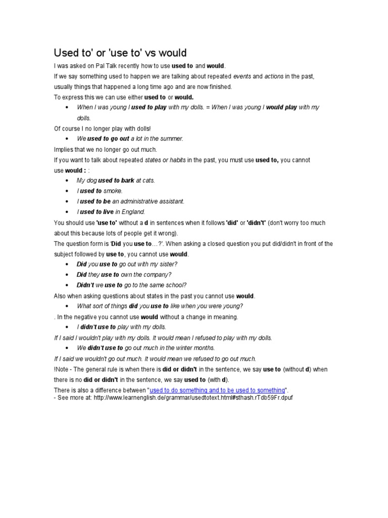 Used To' or 'Use To' Vs Would | PDF | Grammar