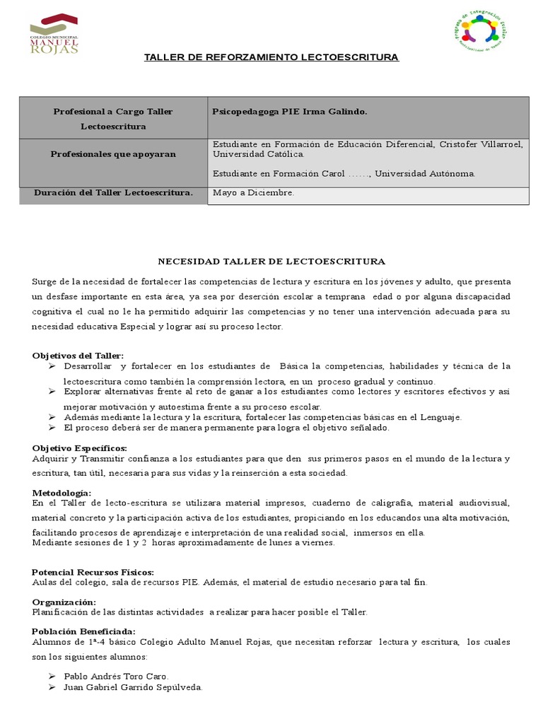 Taller Lectoescritura | PDF | Lectura (proceso) | Cognición