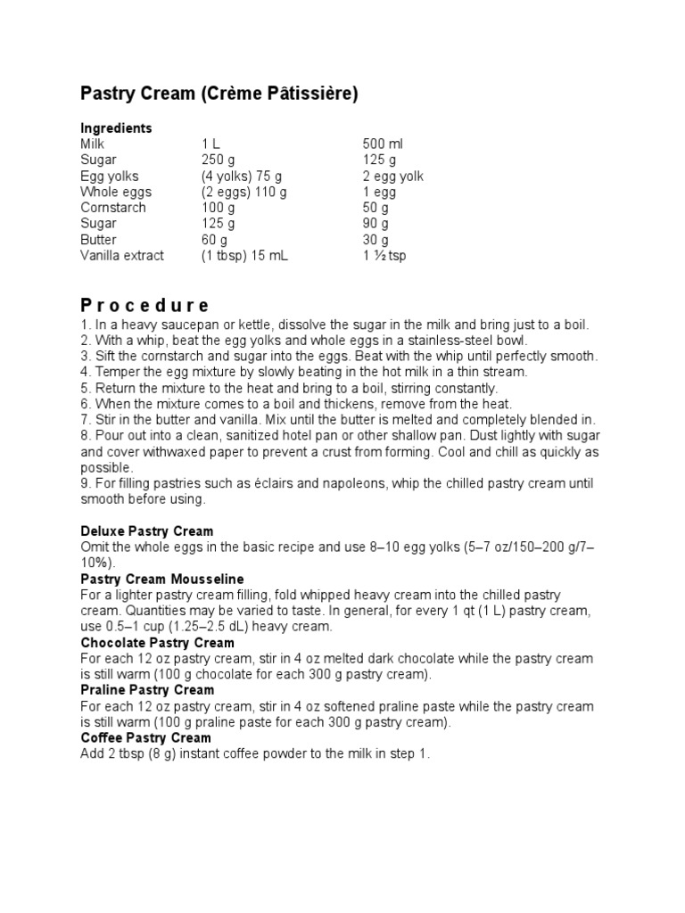 Pastry Cream (Crème Pâtissière) : Ingredients | PDF