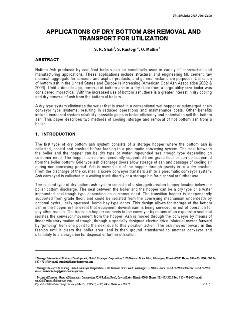 APPLICATIONS OF DRY BOTTOM ASH REMOVAL AND TRANSPORT For Utilization ...