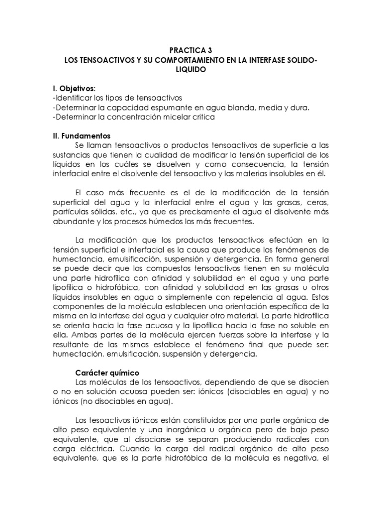 Comportamiento de Tensoactivos en Agua | PDF | Solubilidad | Tensioactivo