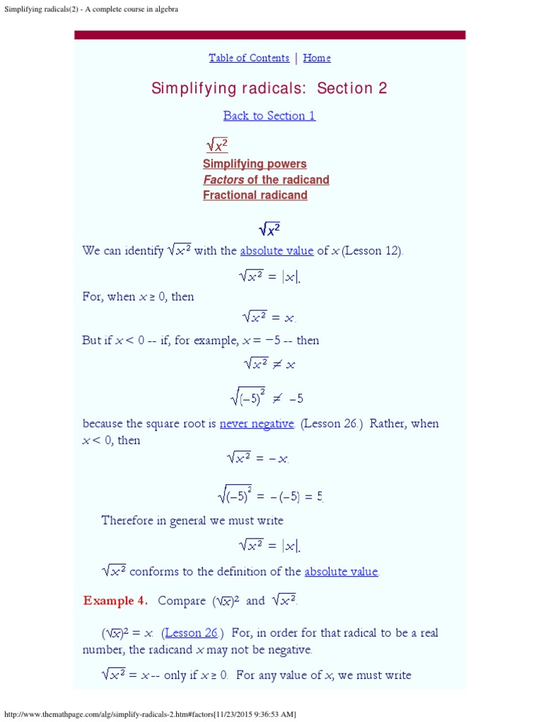 Simplifying Radicals (2) - A Complete Course in Algebra | PDF ...