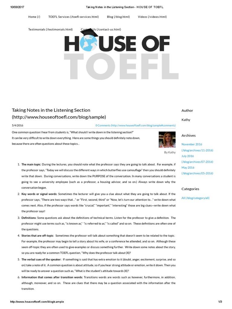 Taking Notes in The Listening Section - HOUSE of TOEFL | PDF | Question ...
