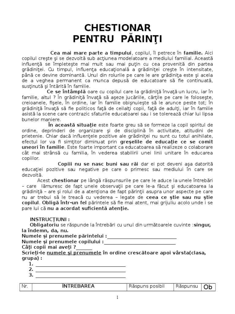 Model Chestionar Parinti | PDF