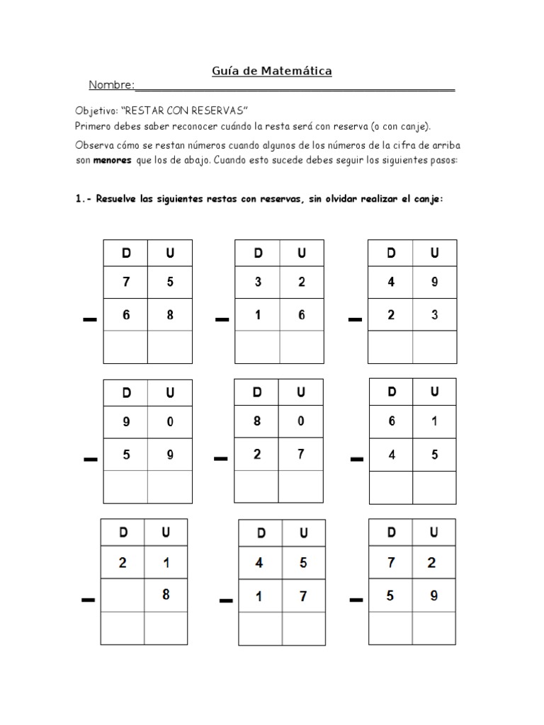 Guía de Matemática Sustracción Con Canje | Resta | Física y matemáticas
