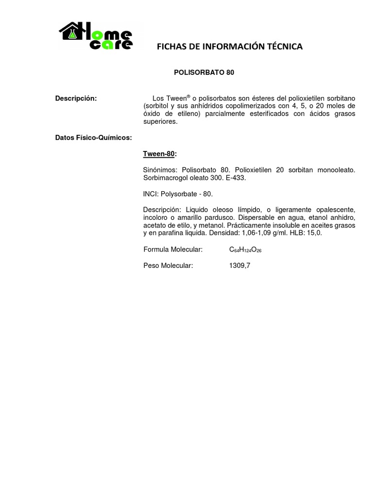 Ficha Tecnica Del Polisorbato 80 | PDF | Emulsión | Medicamentos con receta