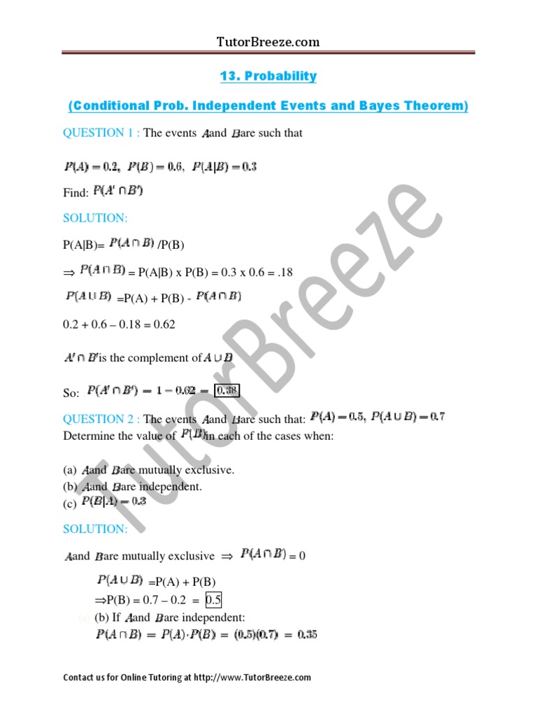 13.conditional Probability, Bayes Theorem Assignment Solutions | PDF | Probability | Probability ...