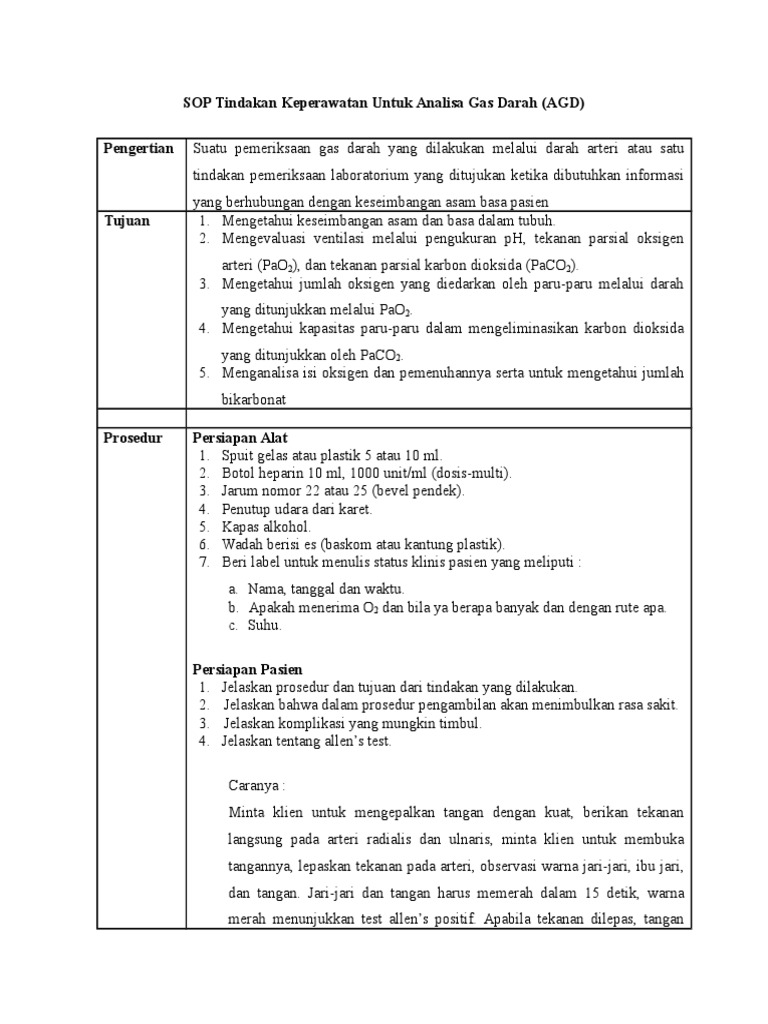 Siti Amalia Rochmah - SOP AGD (Analisa Gas Darah) | PDF
