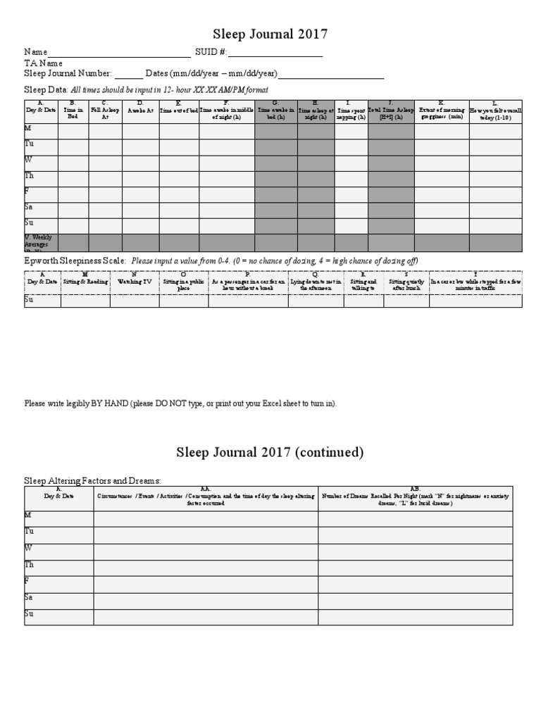 Sleep Journal 2017: Name TA Name Suid #: Sleep Journal Number: Dates ...