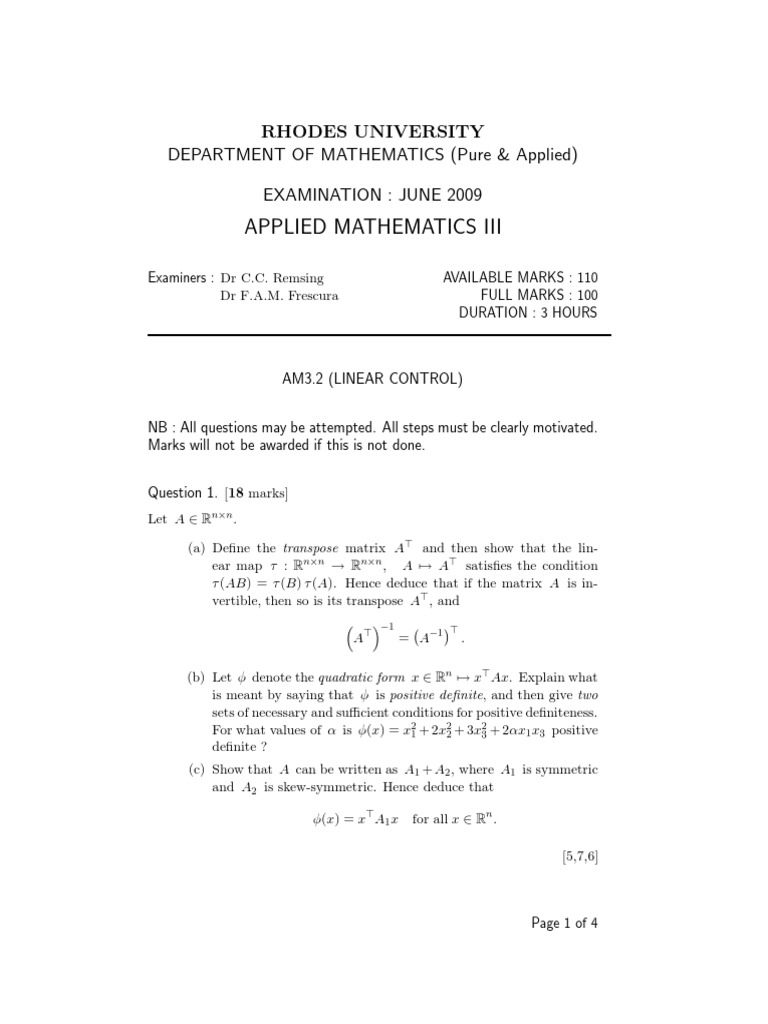 Applied Mathematics Iii: Rhodes University Department of Mathematics ...