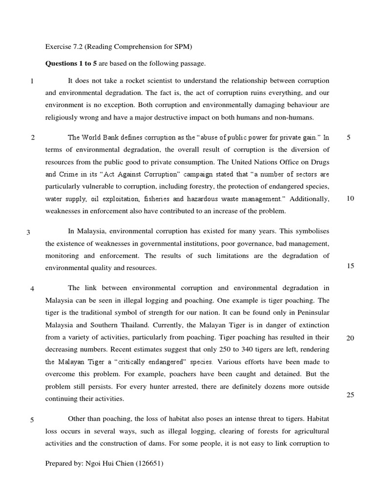 Exercise 7 2 Reading Comprehension For SPM | PDF | Poaching | Crime ...