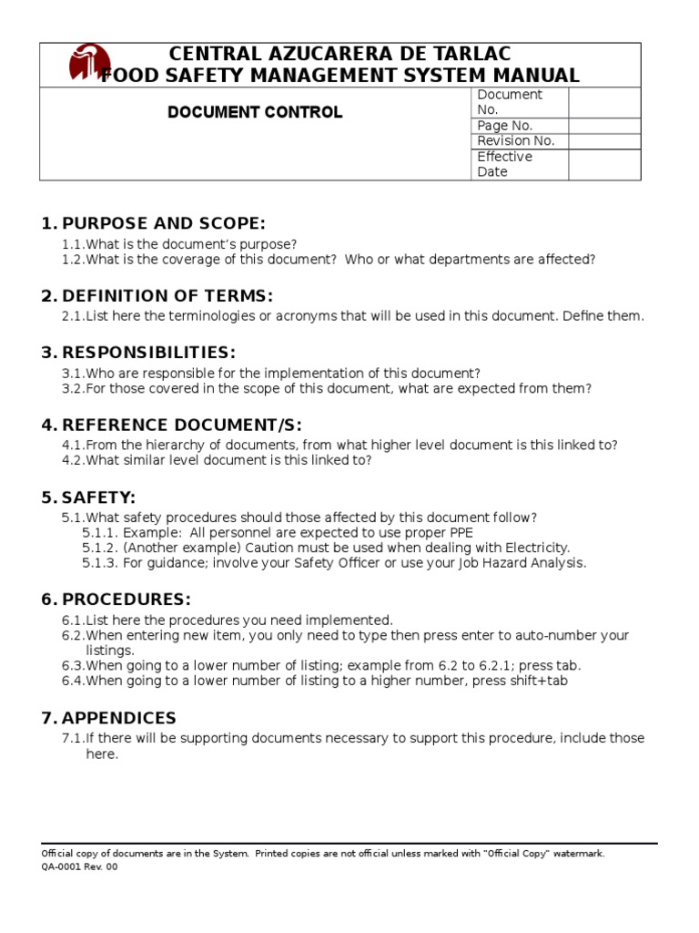 FSMS Documentation Template | PDF | Personal Protective Equipment | Safety