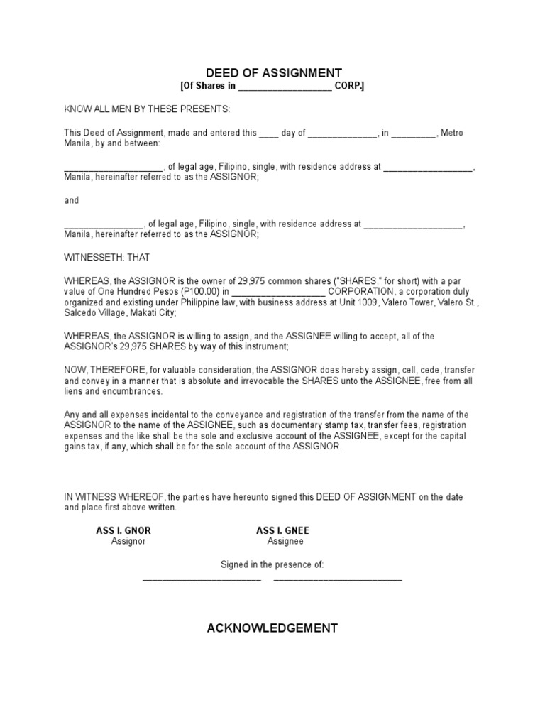 Deed of Assignment of Shares Template | Assignment (Law) | Natural ...