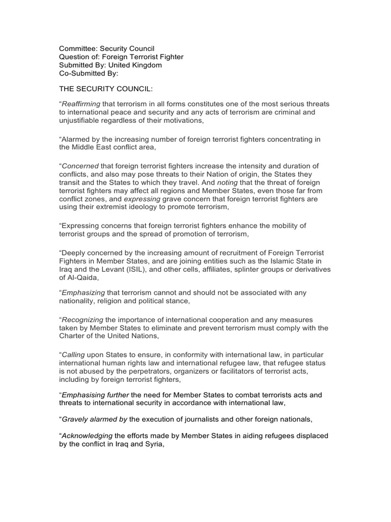 MUN Resolution Template | PDF | Islamic State Of Iraq And The Levant ...