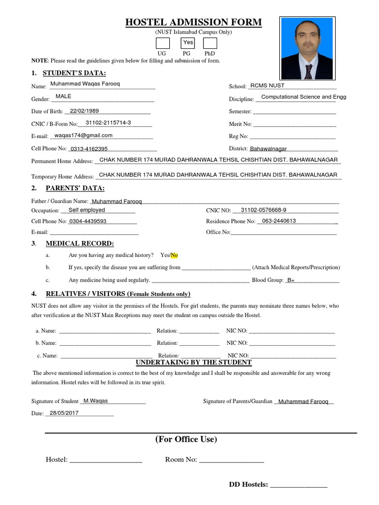 NUST Hostel Admission Form New PDF | PDF | Computing And Information Technology | Wellness