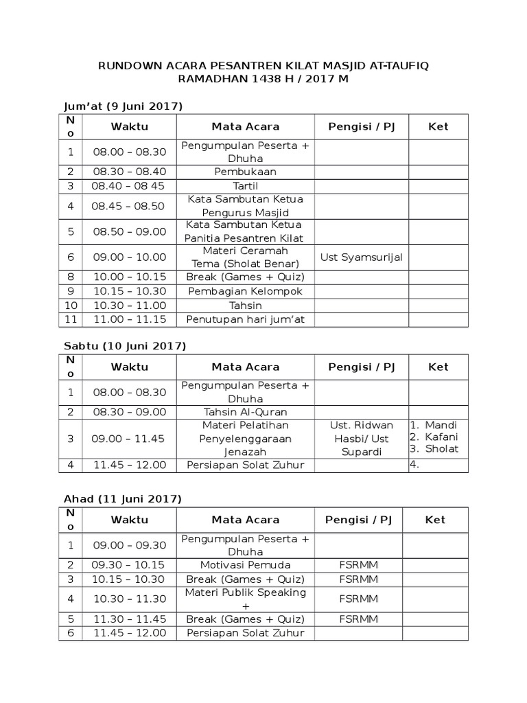 Rundown Acara Pesantren Kilat Masjid at | PDF
