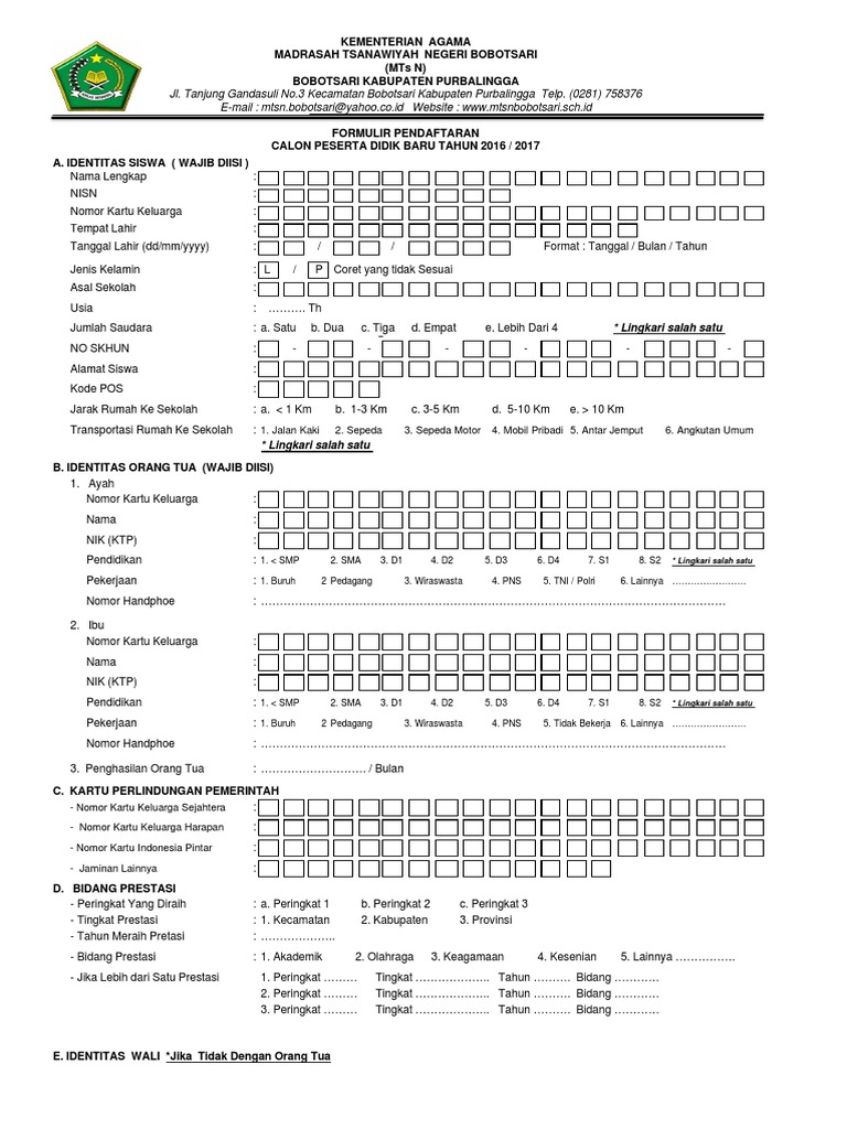 Formulir Pendaftaran PPDB MTs NEGERI BOBOTSARI | PDF