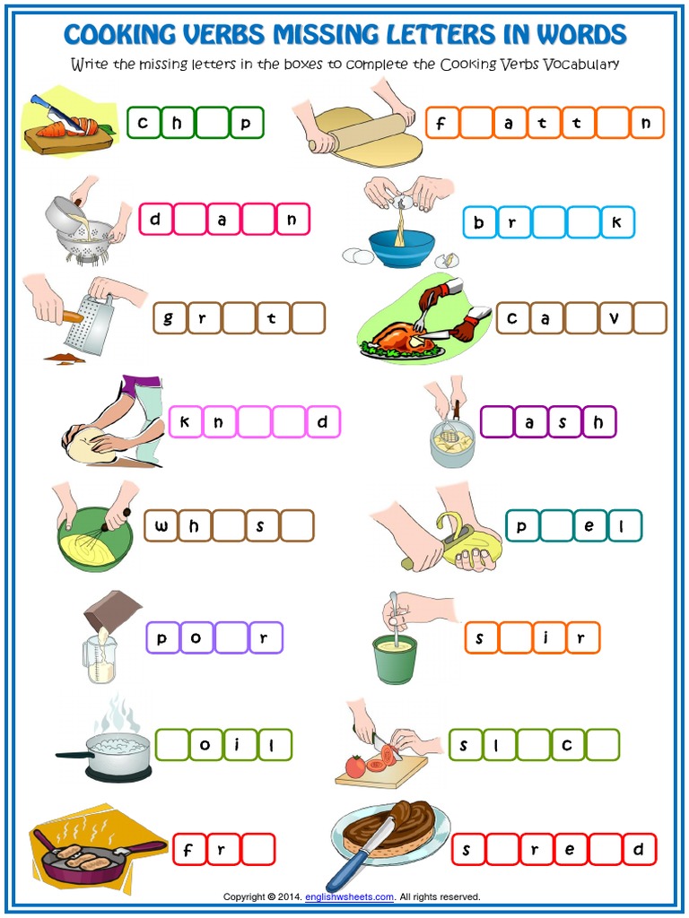 Cooking Verbs Vocabulary Missing Letters in Words Esl Worksheet | PDF ...
