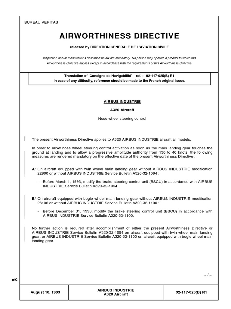 Airworthiness Directive: Released by Direction Generale de L'Aviation ...