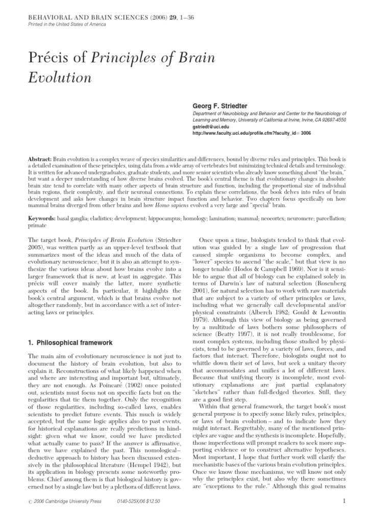 Pre Cis of Principles of Brain Evolution | PDF | Neocortex | Brain