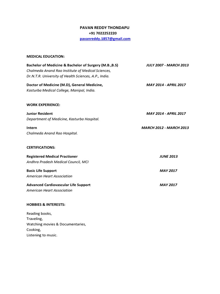 Pavan CV | PDF | Educational Stages | Medicine