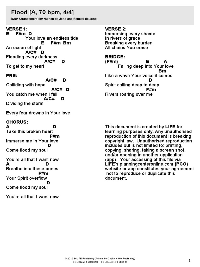 Flood (A, 70 BPM, 4/4) : Verse 1: E F#M D E F#M BM A/C# D A/C# D Pre: A ...