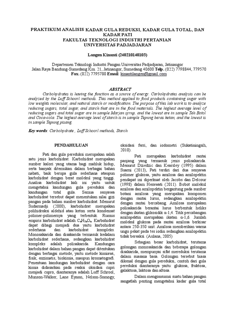 Jurnal ANALISIS KADAR GULA REDUKSI KADAR GULA TOTAL DAN KADAR PATI PDF | PDF | Sains & Matematika