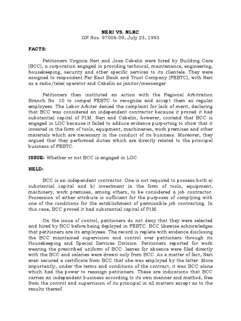 Neri vs. NLRC, 1993 CASE DIGEST | PDF | Independent Contractor | Employment