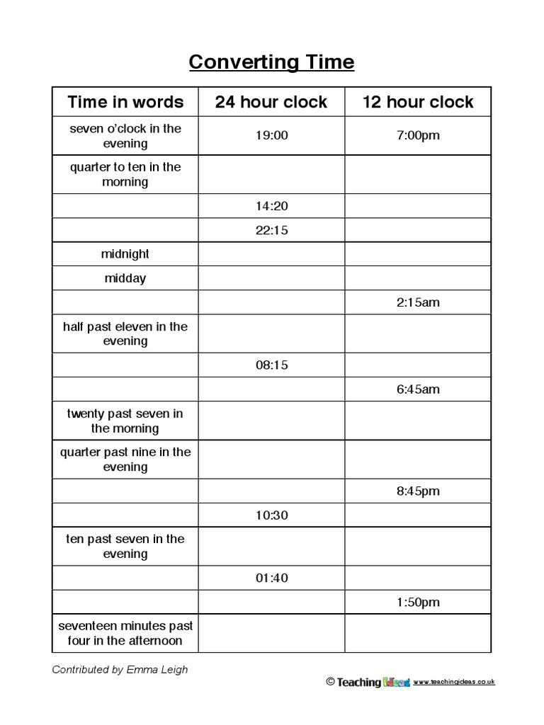 Converting Time: Time in Words 24 Hour Clock 12 Hour Clock | PDF