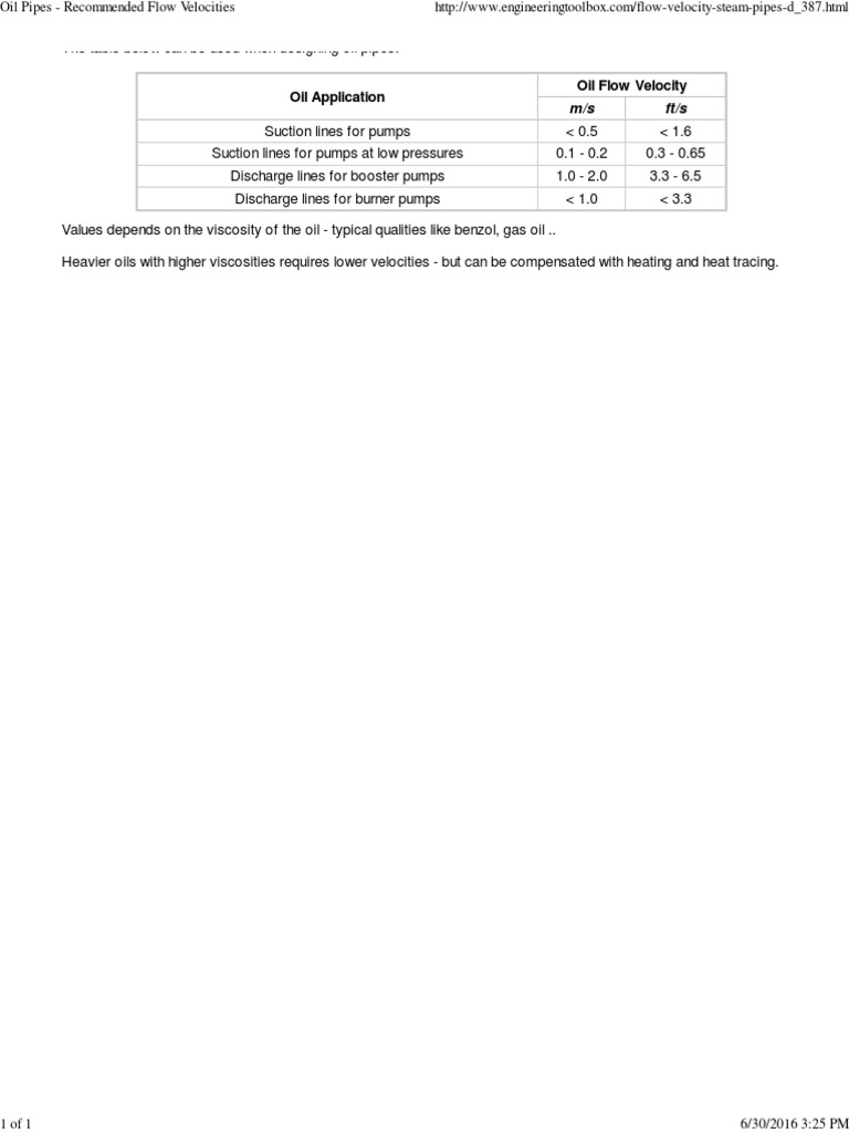 Recommended Oil Pipe Flow Velocities | PDF