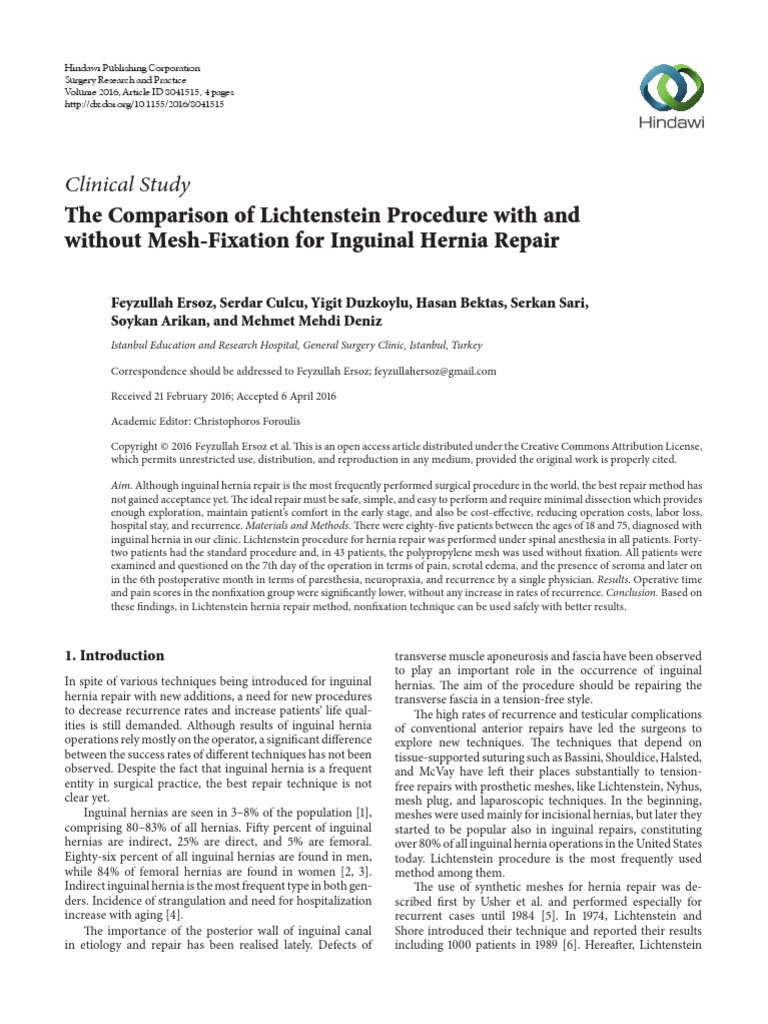 Clinical Study: The Comparison of Lichtenstein Procedure With and ...